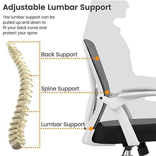 Topeakmart Office Chair Ergonomic Desk Chair with Adjustable Lumbar Support, Mid Back Mesh Computer Chair with Flip-up Armrests Task Chairs, Executive Chair for Home Office, White