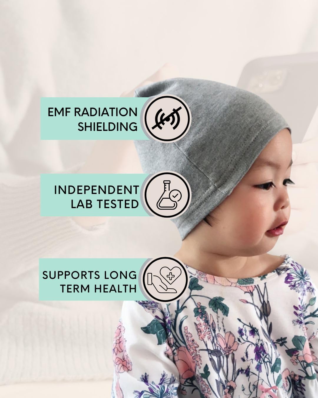 Radia Smart® 5G Blocking, Protective Baby Hat/Beanie Cap Blocking RF EMF WiFi Radiation. Age 6-18 Months. Grey
