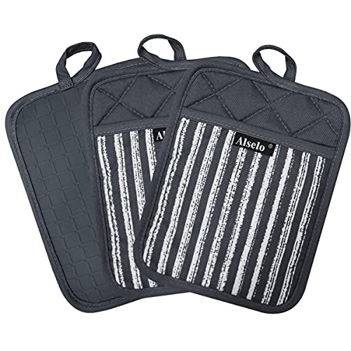 Alselo Silicone Pot Holders Set of 3 Heat Resistant & Non Slip Potholders, Professional Oven Hot Pads with Pockets Mitts for Kitchen Cooking Baking Barbecue