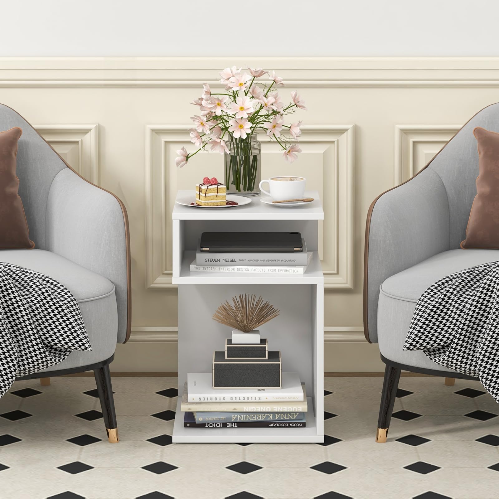 Giantex 3-Tier Side Table Set of 2, S-Shaped End Table with 2 Open Storage Compartments, Wood Narrow Bedside Table, Modern Nightstand for Bedroom, Living Room, Small Spaces, Easy Assembly, White