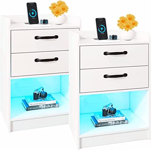 4 EVER WINNER Nightstand Bedroom Side Table End Table Living-Room, Night Stand Bedside Table with USB and Open Shelves,White
