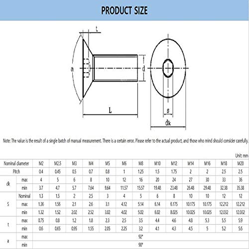L-A M6-1.0x20mm 10.9 Carbon Steel Countersunk Head Hex Socket Screw Flat Countersunk Hex Socket Bolts Screws (25 Pcs)