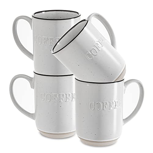 Sheffield Home Set of Stoneware Coffee Mugs- 4 Printed Coffee Cups, Tea Cups, Latte Mugs 16 oz (White)