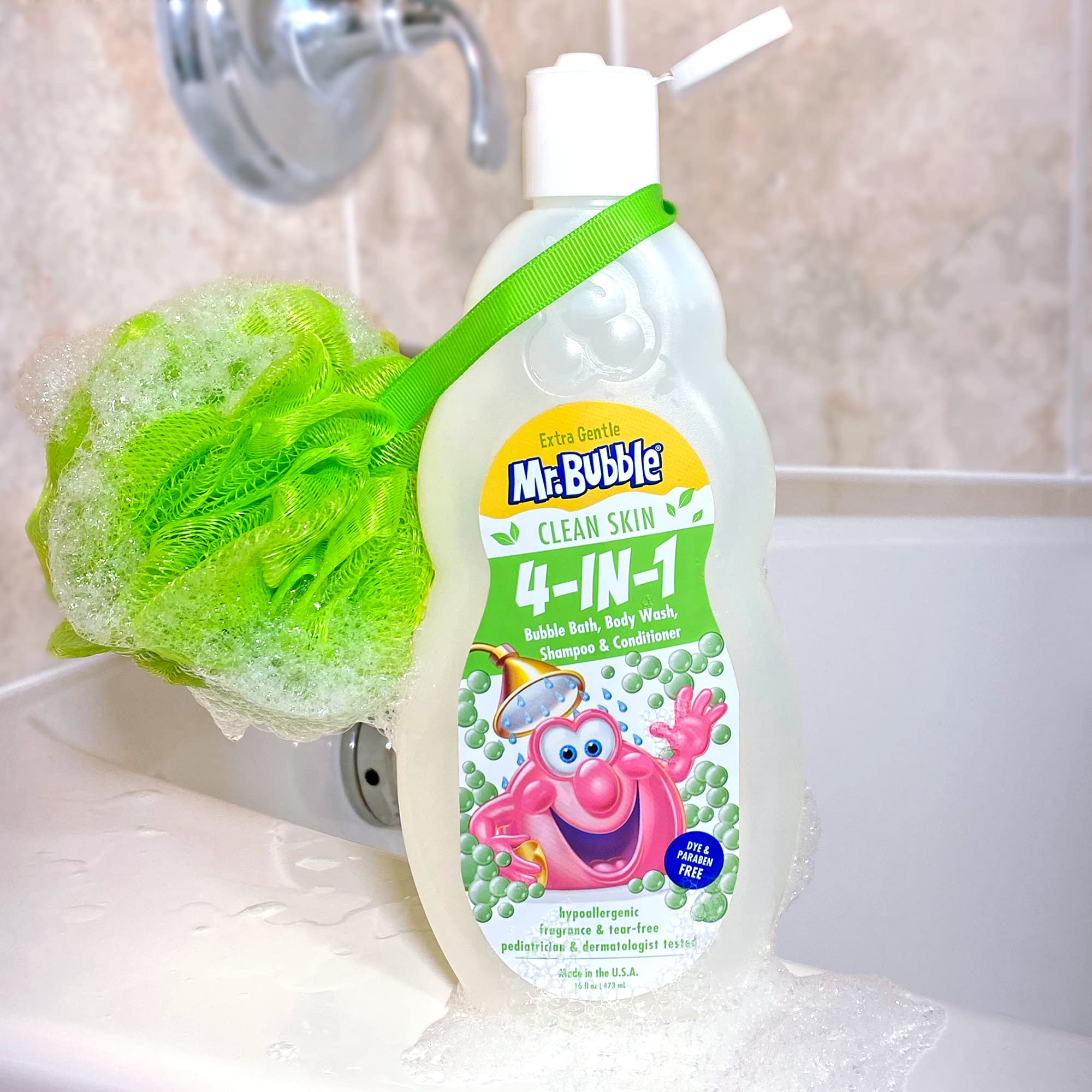 Mr. Bubble Kids Extra Gentle 4-in-1 - Body Wash, Shampoo, Conditioner, and Bubble Bath - Hypoallergenic, Non-Scented, Dye Free, No Tear Formula, Perfect for Sensitive Skin (4 Bottles, 16 fl oz each)