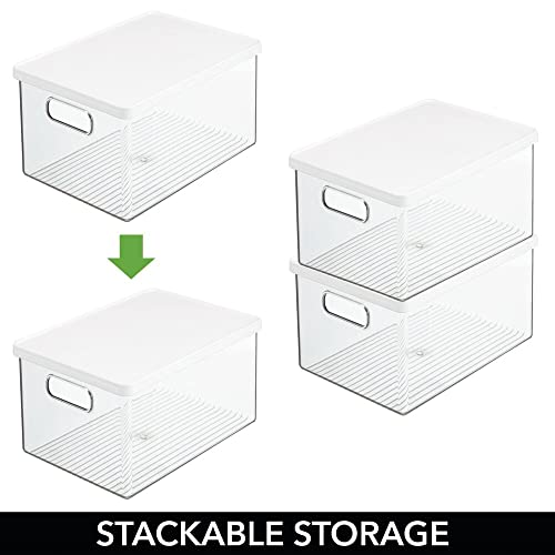 mDesign Plastic Pantry Storage Box Container with Lid and Built-In Handles - Organization for Flour, Cereal, Pasta, Rice, or Food in Kitchen Cupboard, Ligne Collection, Clear/White