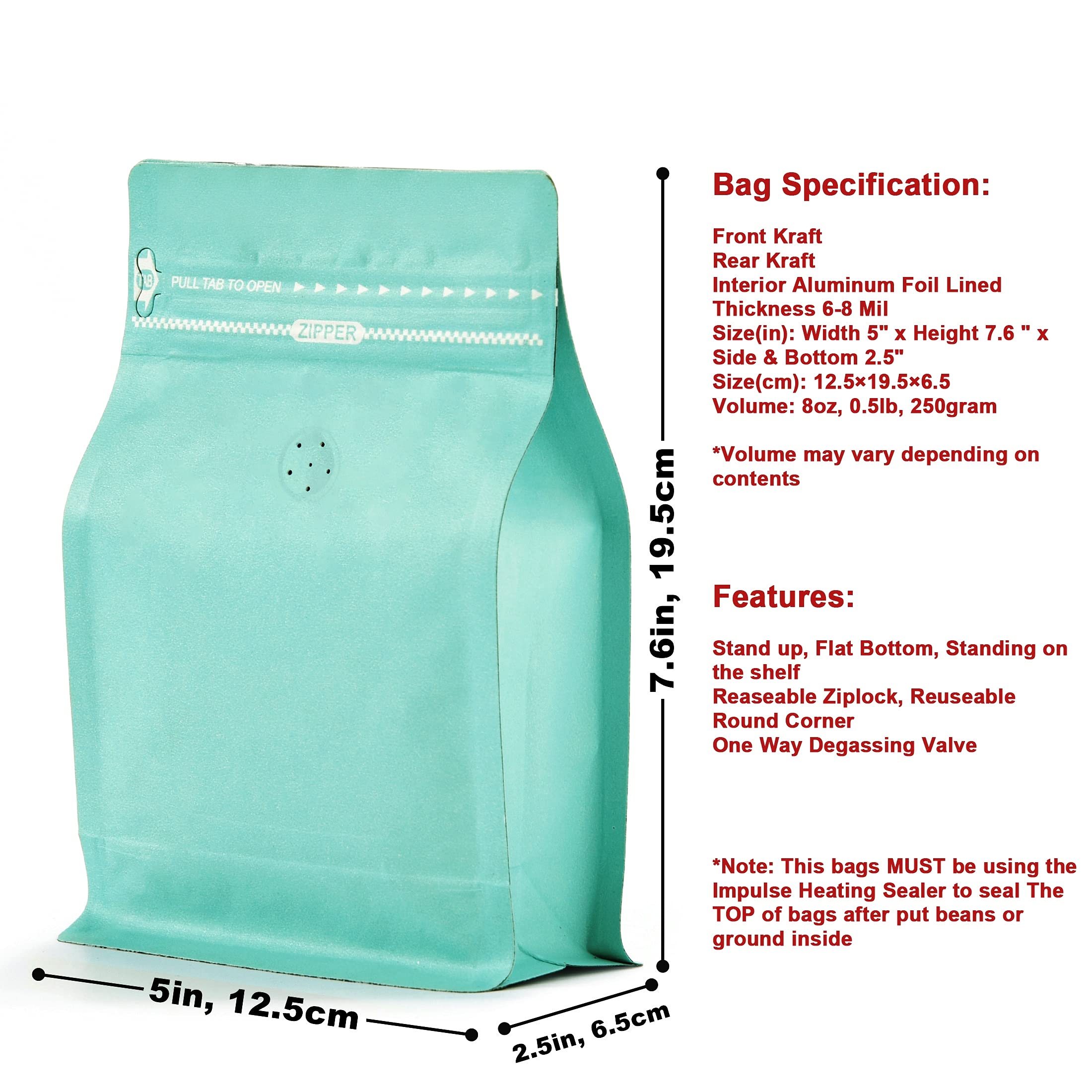 50 Count 8 Ounce Green Blue Kraft Paper Coffee Bags with Air Release Valve, High Barrier Coffee Pouches for Home, Store, Flat Bottom (50pcs/8oz, 0.5lb, 250g)