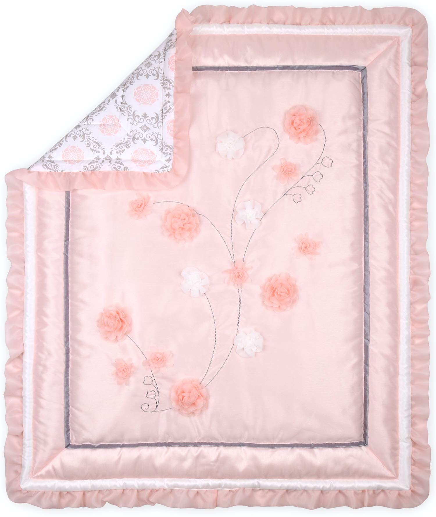The Peanutshell Brianna Crib Bedding Set for Baby Girls | 3 Piece Pink Floral Nursery Set | Crib Quilt, Crib Sheet, & Dust Ruffle