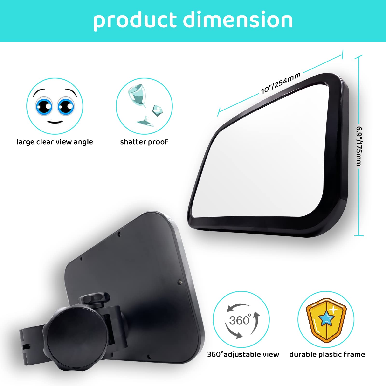 KINSEI Baby Car Mirror Safety Car Seat Mirror for Rear Facing Infant with Wide Crystal Clear View Shatterproof Fully Assembled Newborn Safety with Secure Headrest Clamp Holder