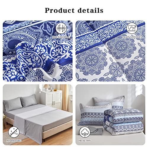 Flysheep Bohemian Striped Bed in a Bag 7 Pieces Queen Size, Boho Blue Grey Geometric Pattern Reversible Bed Comforter Set (1 Comforter, 1 Flat Sheet, 1 Fitted Sheet, 2 Pillow Shams, 2 Pillowcases)