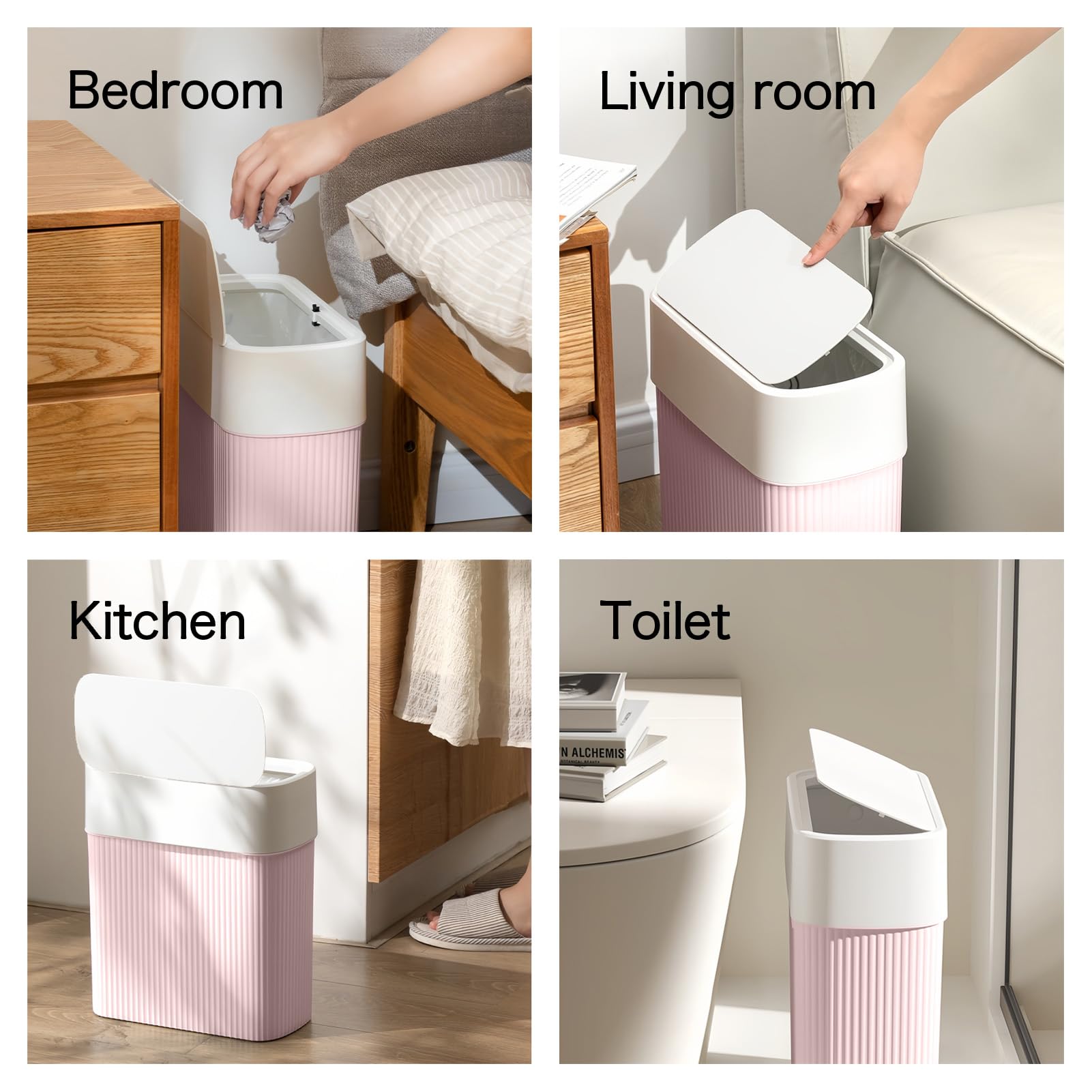 ABEETE Bathroom Trash Can with Lid, 12L Small Plastic Garbage Can for Kitchen with Press Top Lid, 3.2 Gallon Slim Dog Proof Wastebasket Trash Bin for Office, Bedroom, Living Room, Home Cabinet-Pink