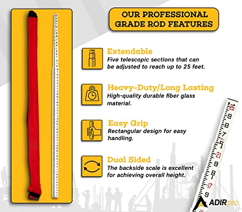 AdirPro 25-Foot Fiberglass Grade Rod β 10ths, 6-Section Telescoping Rectangular Leveling Rod β Non Glare and Corrosion Resistant β Heavy Duty Carrying Case Included