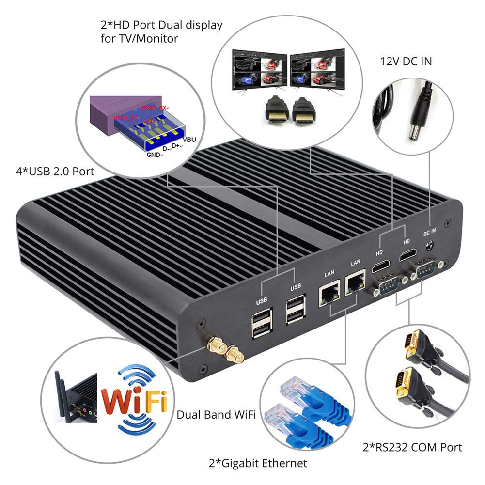 WEIDIAN Fanless Mini Desktop Computer, Windows 10 HTPC with Core i7 5500U CPU, 16GB RAM, 512GB SSD, Dual HD, 4USB 3.0,Card Reader, WiFi, Industrial PC Desktop Mini PC Gigabit Ethernet,BT 4.0