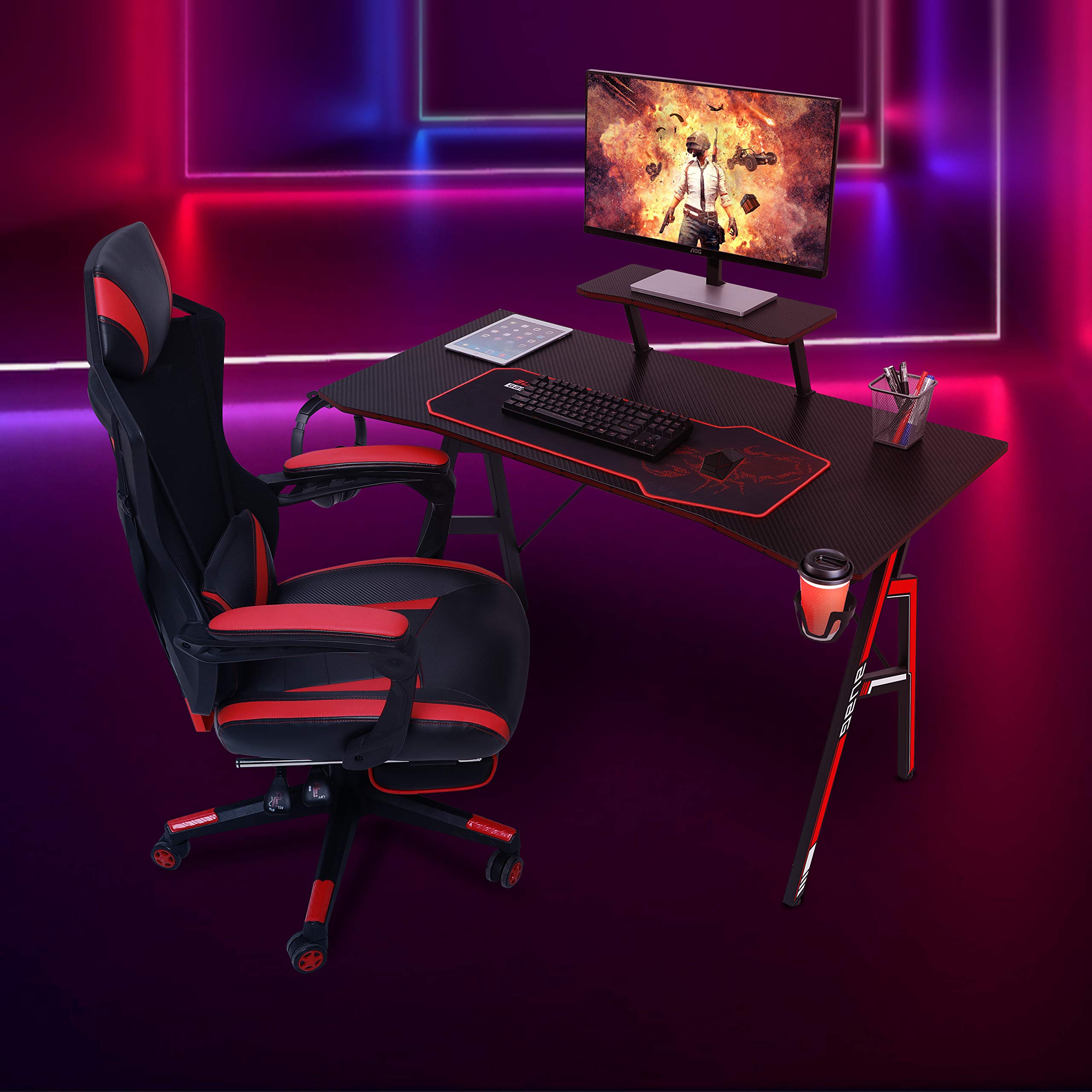 AuAg 44 inch Gaming Desk with Monitor Shelf PC Desk, A-Shaped Gaming Table Home Office Computer Desk Modern Ergonomic Racing Style Gamer Workstation with Cup Holder and Headphone Hook (44")