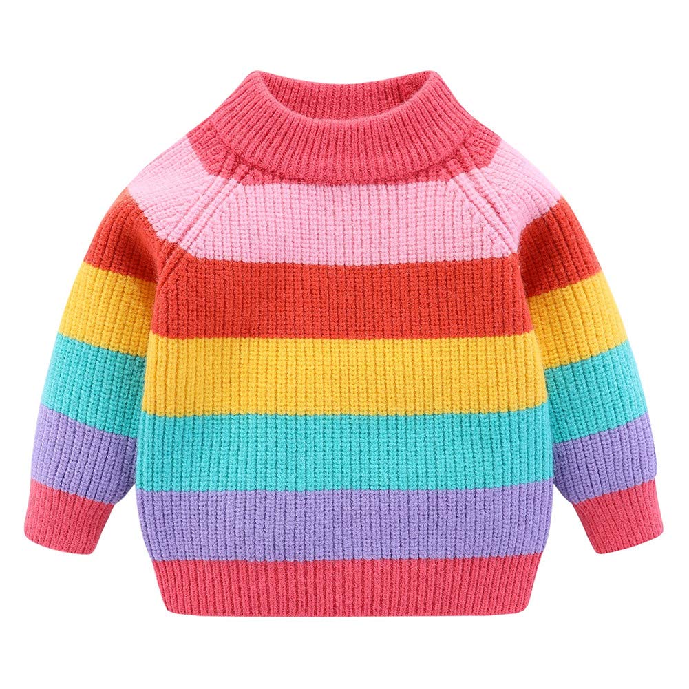 Mud Kingdom Fall Tops Baby Boys Girls Rainbow Stripes Ribbed Knit Color Block Long Sleeve Sweater Pink 12-18 Months