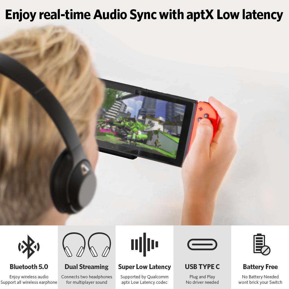1Mii Bluetooth Adapter for Nintendo Switch & Lite,Wireless Bluetooth 5.0 Audio Transmitter with APTX LL Low Latency Supports Bluetooth Headphone Speakers PS4 PC,Come with USB C to A Converter