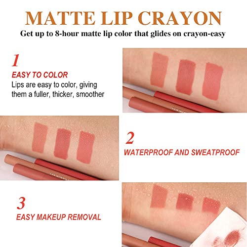 3 Colors Matt Nude Lipstick Lipliner Lip Crayons Pack Set with Built-in Sharpener,Velvet Moisture Smooth Matte Lipstick Pencils,Waterproof&Waterlasting Velvet Lip Crayon Lip Liner Lip Pen Lip Makeup