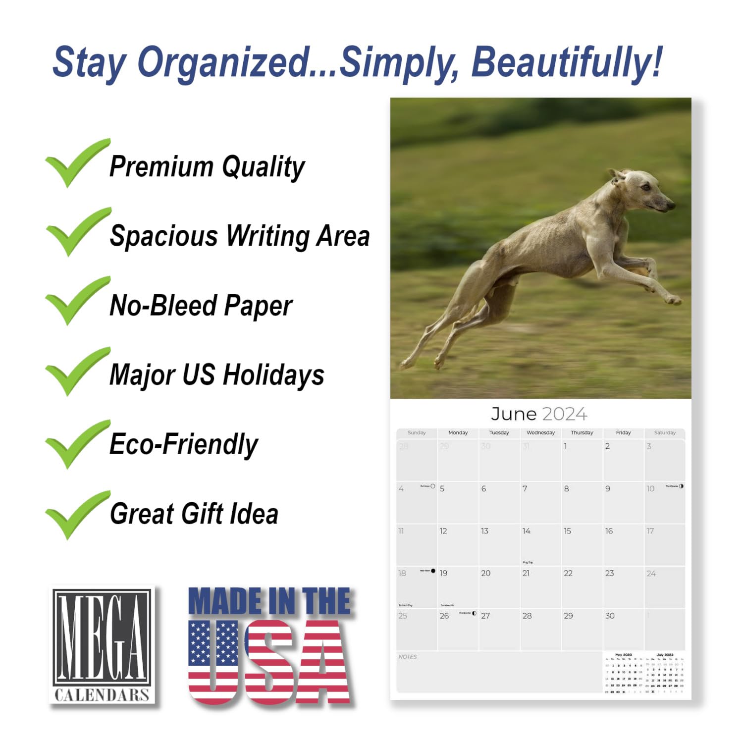 2023 2024 Whippet Calendar - Dog Breed Monthly Wall Calendar - 12 x 24 Open - Thick No-Bleed Paper - Giftable - Academic Teacher's Planner Calendar Organizing & Planning - Made in USA