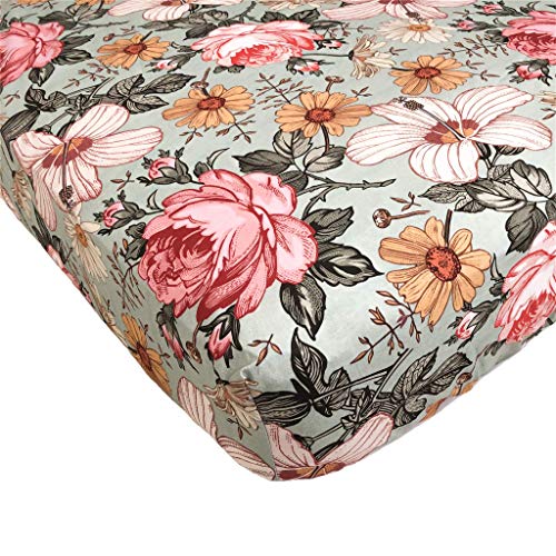 Fitted Crib Sheet - Garden Floral Pattern Design, Woven 100% Cotton (Sea Foam, Regular (28x52x9) in)