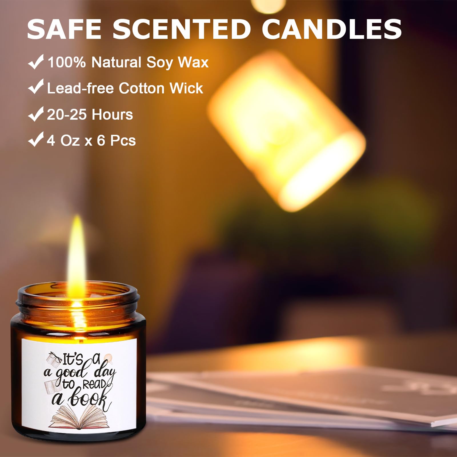 6 Pieces Book Lover Scented Candle 4oz Readers Candle Library Lovers' Day Gifts Soy Wax Jar Candle for Readers Book Lovers Librarian Gifts