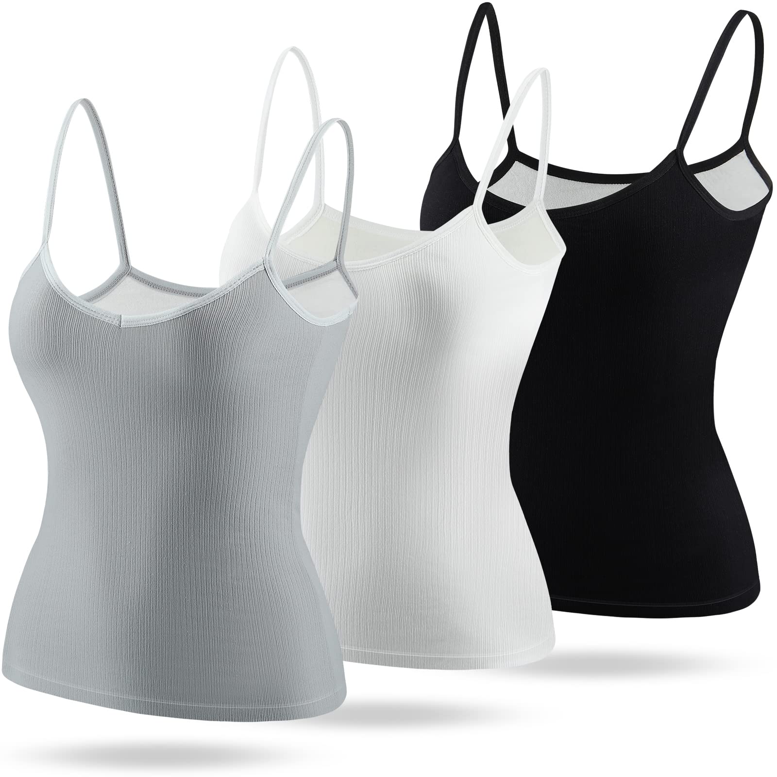 3 Pieces Thermal Tank Top for Women Camisole Polyester Fiber Lined Camisole Underwear Tank Top Vest (Black, White, Gray, S)