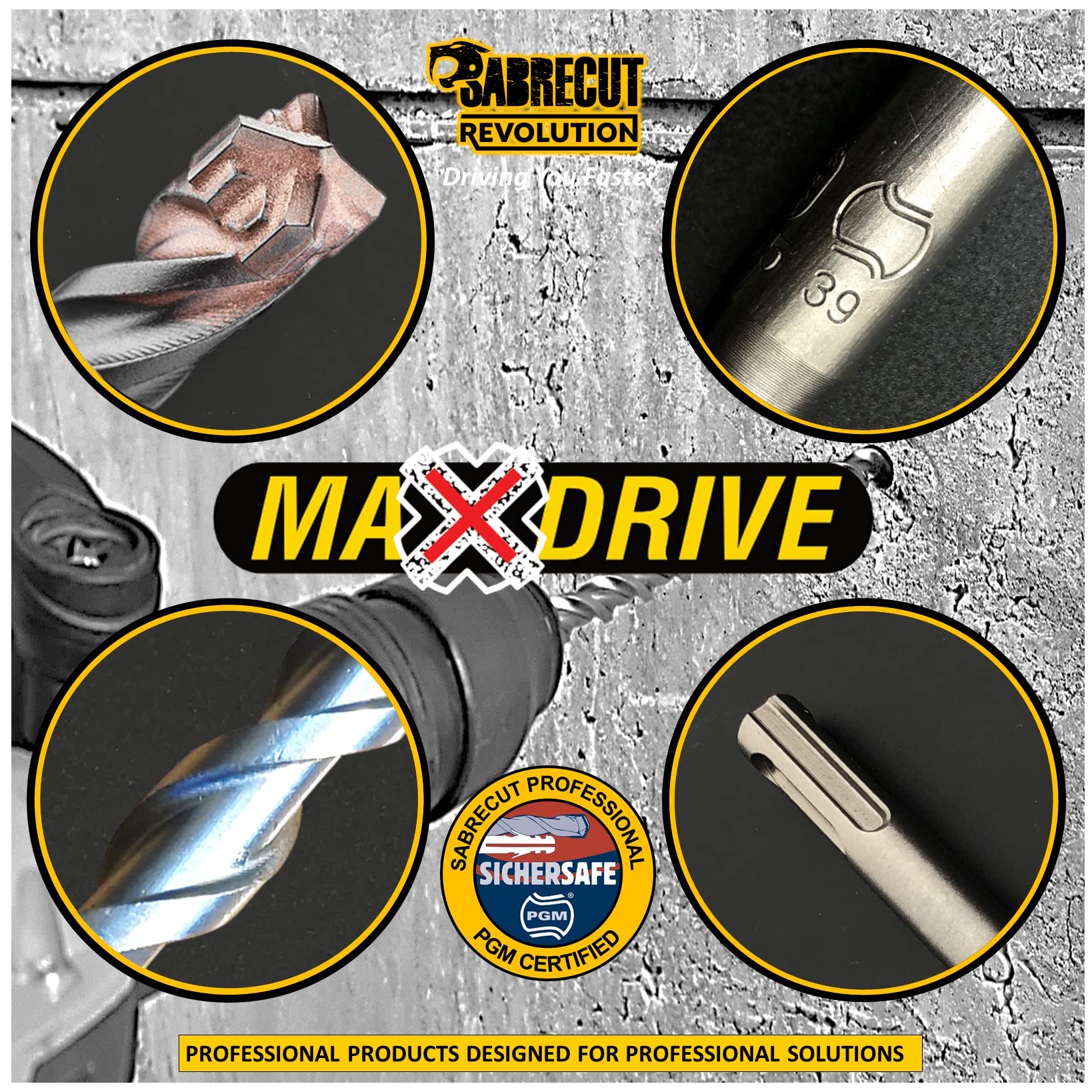 5 x SabreCut QSCK5B 7/32" 15/64" 1/4" 5/16" 25/64" x 6 19/64" Length Quattro PGM Approved Full Carbide 4 Cutter Tip Vortex Flute SDS Plus Drill Bit Mix Kit For Stone Concrete Brick Block