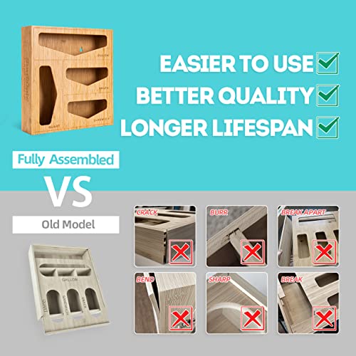 Bamboo Ziplock Bag Organizer 4 in 1 Food Storage Bag organizer Holder Box Compatible Gallon Quart Snack Slider Plastic Sandwich Bag Dispenser for Drawer Cupboard Hanging on Wall Baggie Container