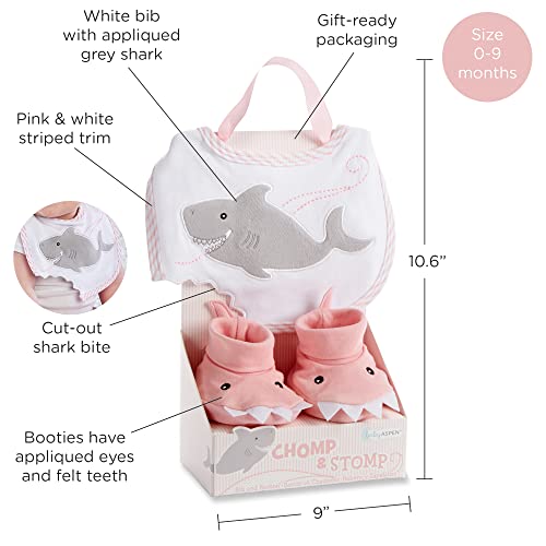 Baby Aspen Chomp and Stomp Shark Bib and Booties Gift Set, Pink