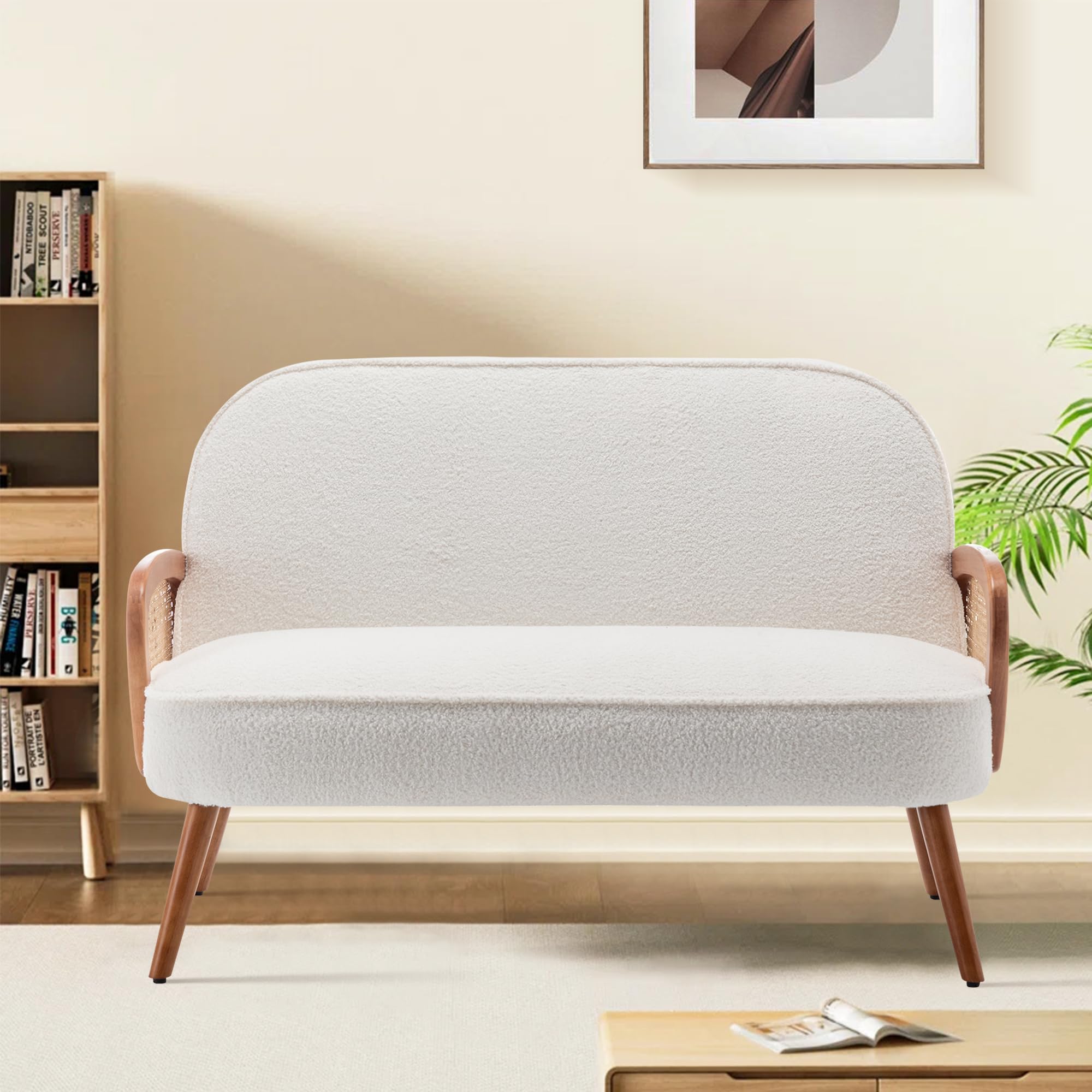 WENTMENT Loveseat Sofa Small Couch for Living Room Teddy Love Seat with Natural Rattan Armrest and Solid Wooden Legs Small Sofa for Small Space, Bedroom, Apartment(White)