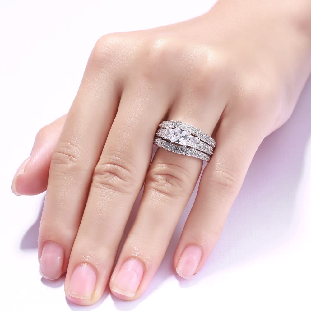 2.8 Ctw Moissanite Princess Cut Wedding Ring Set for Women Platinum Plated Silver 3 Pieces 3 Stone Bridal Ring Set Engagement Ring Set White Gold Bridal Set Anniversary Promise Rings for Her(size 7)