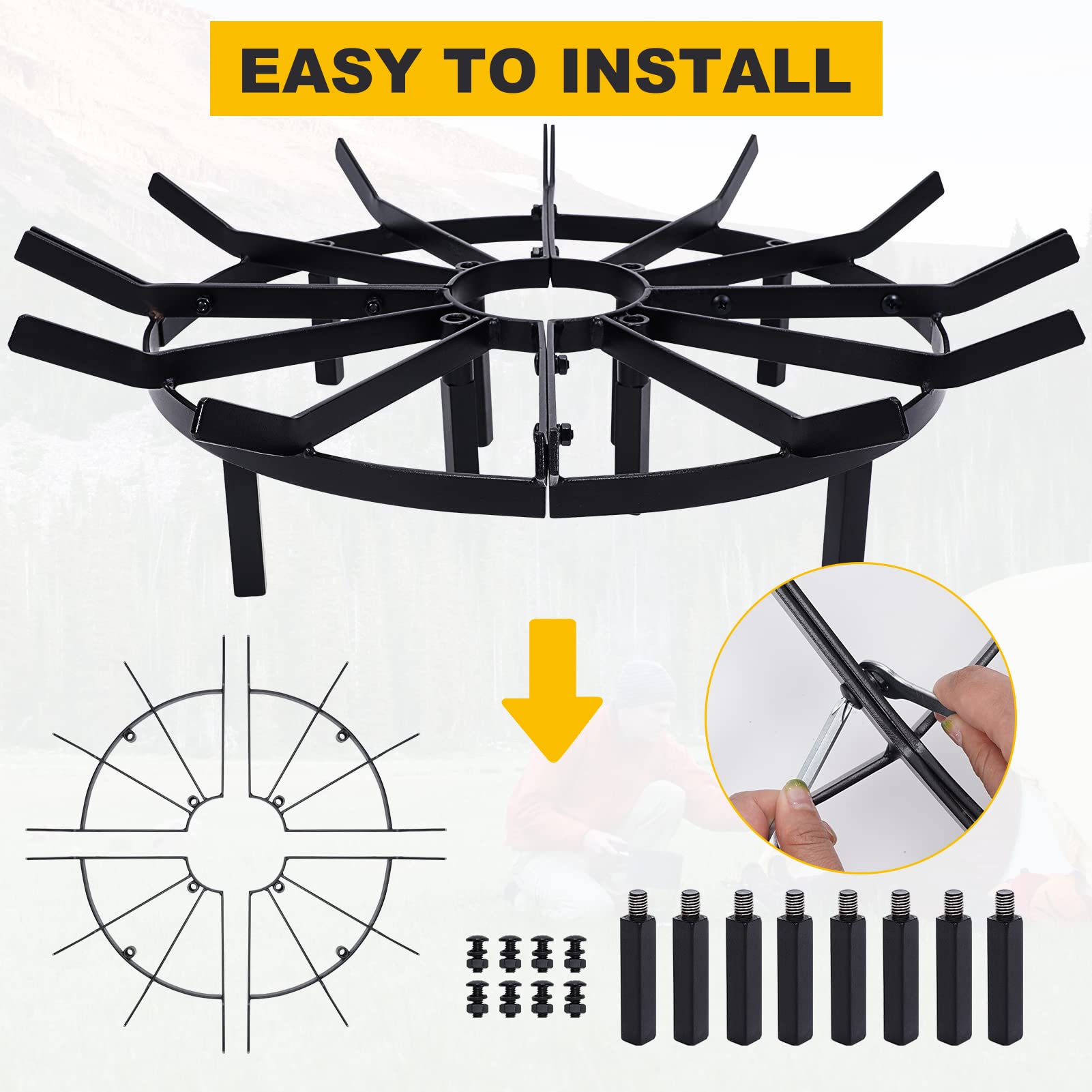 1MORE Fire Pit Grate Log Grate, Fireplace Grate 24 inch Heavy Duty, Round Fireplace Grates, Wood Stove Burning Rack Holder, Firewood Grate for Fire Pit & Backyard Patio, Outdoor Camping Hearth.