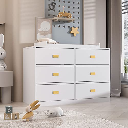 DiDuGo Nursery Dresser Changing Table Dresser with 6 Drawers, Gold Metal Handles, for Nursery Room White (45.1" W x 18.9" D x 32.9" H)