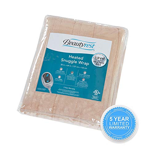 Beautyrest Reversible Sherpa to Fleece Electric Wrap Poncho Blanket Shawl Wearable, Auto Shut Off, Virtually Zero EMF, Multi Heat Setting, UL Certified, Machine Washable, Tan 50" x 64"