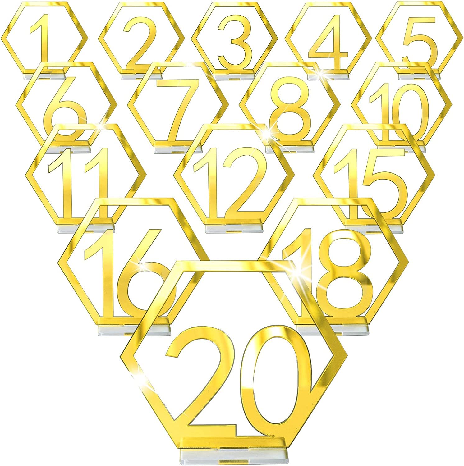 Velidy Table Numbers,1-20Wedding Acrylic Standing Table Numbers with Holder Base for Wedding, Party, Events or Catering Decoration (Gold)