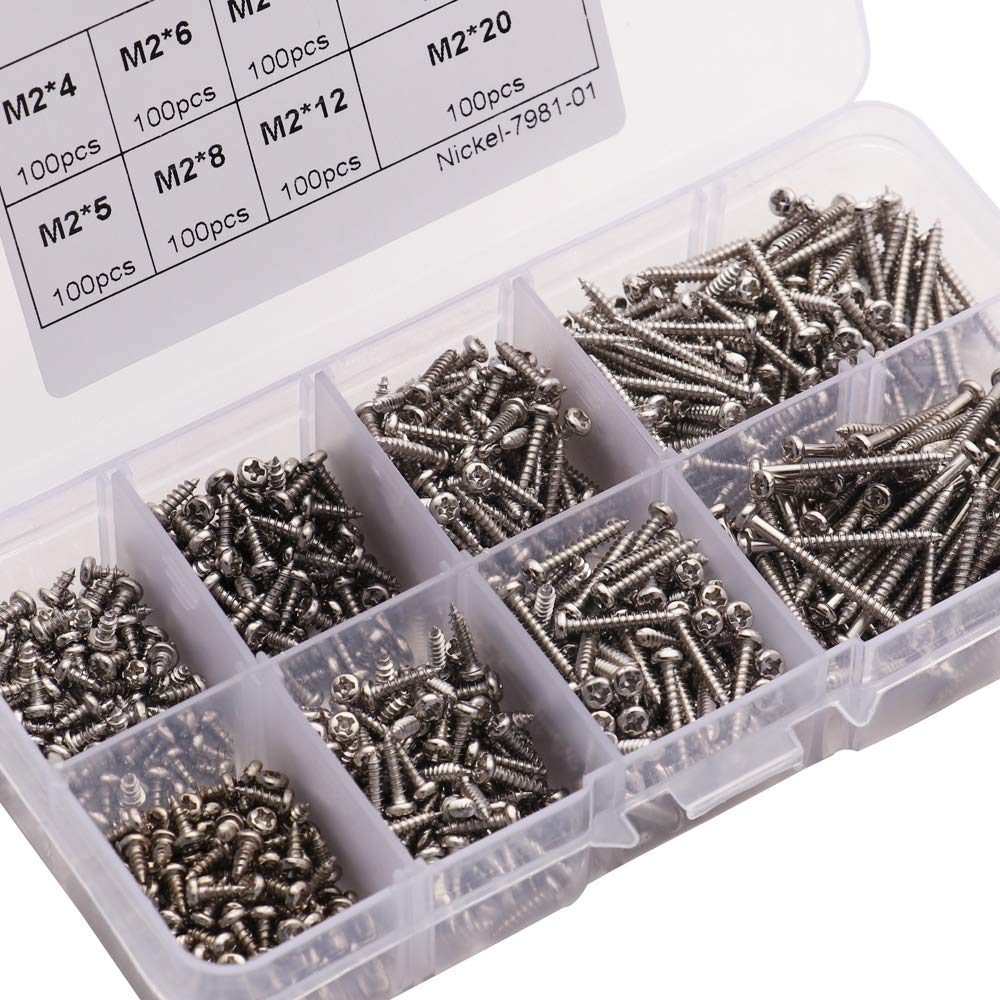 Silver M2 Nickel-Plated Carbon Steel Pan Head Self Tapping Screws (800pcs/Set), Assortment Drilling Screws with Storage Case, 4mm 5mm 6mm 8mm 10mm 12mm 16mm 20mm