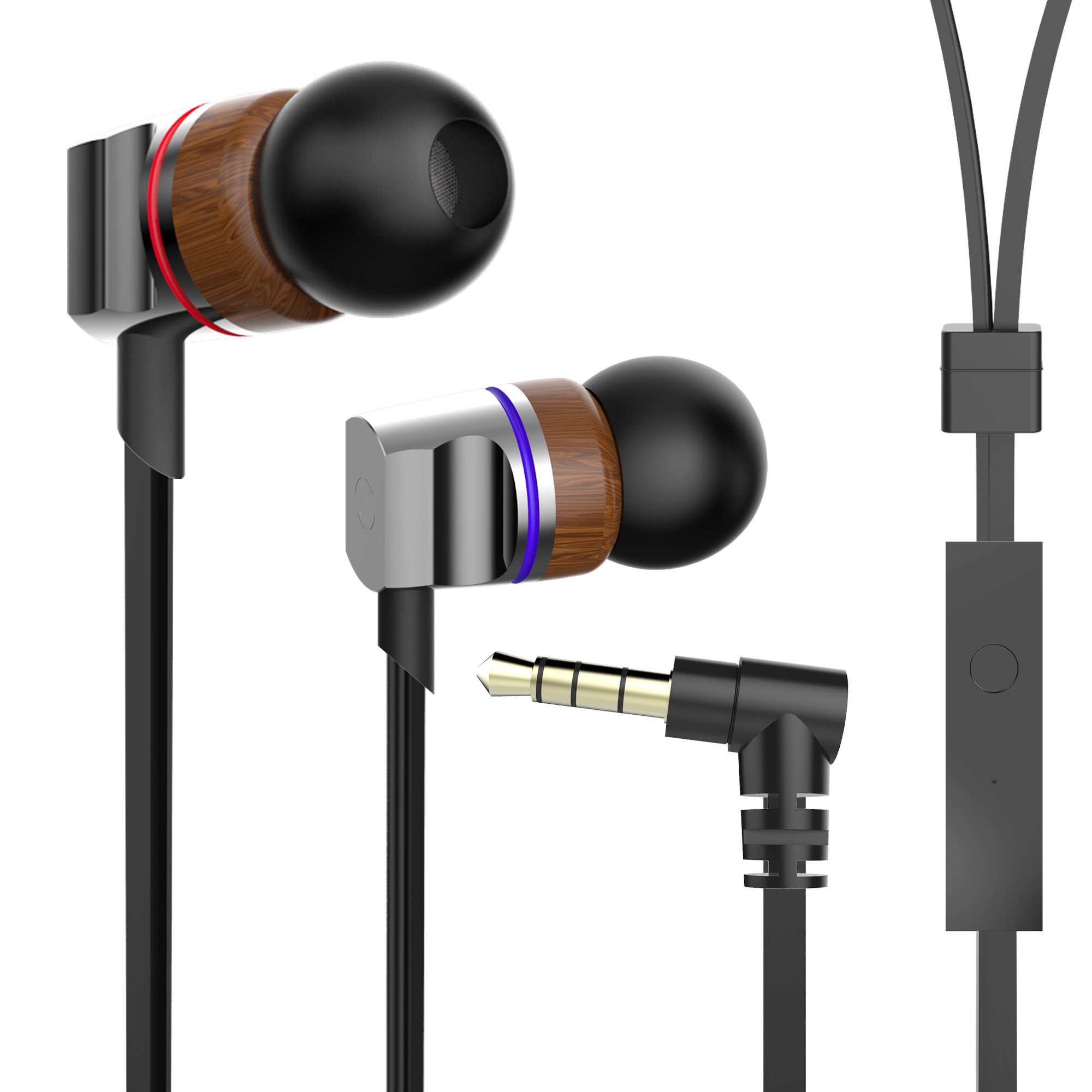 FOU Wood in-Ear Earphones Earbuds with Zipper Wood Metal Earbuds Headset with Mic in-Ear Wood Headphone Noise-isolating Zipper Wired Headphone with 3.5mm