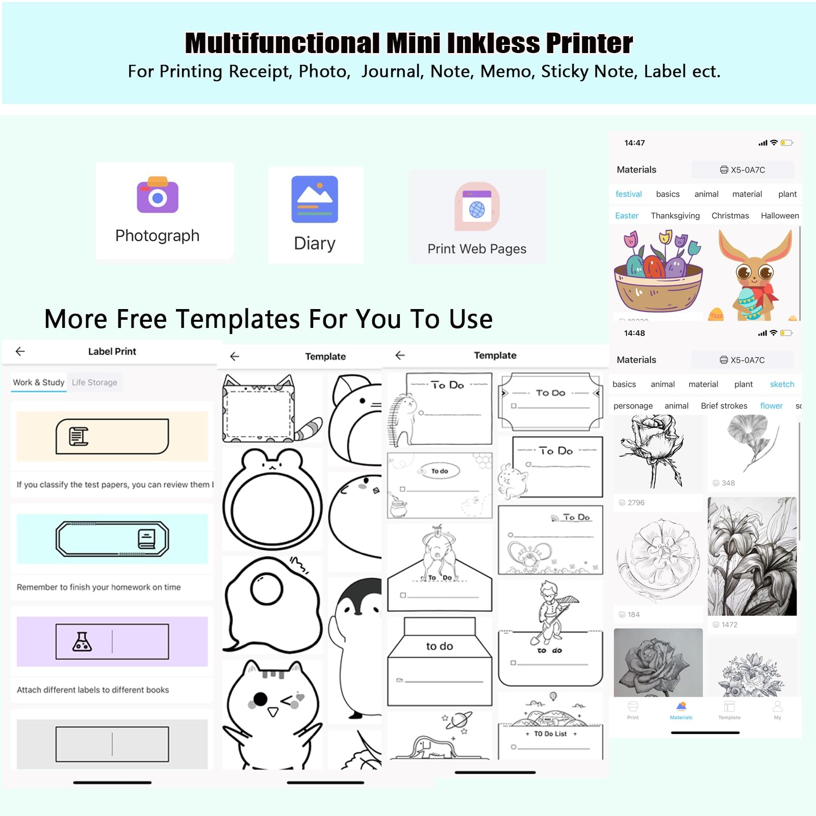 Mini Inkless Sticker Printer , HD Mini Thermal Sticky Note Printer Print Pod Sticker Maker, Mini Portable Bluetooth Pocket Printer for School Notes DIY Label/Lists, Mini Printer for iPhone & Android
