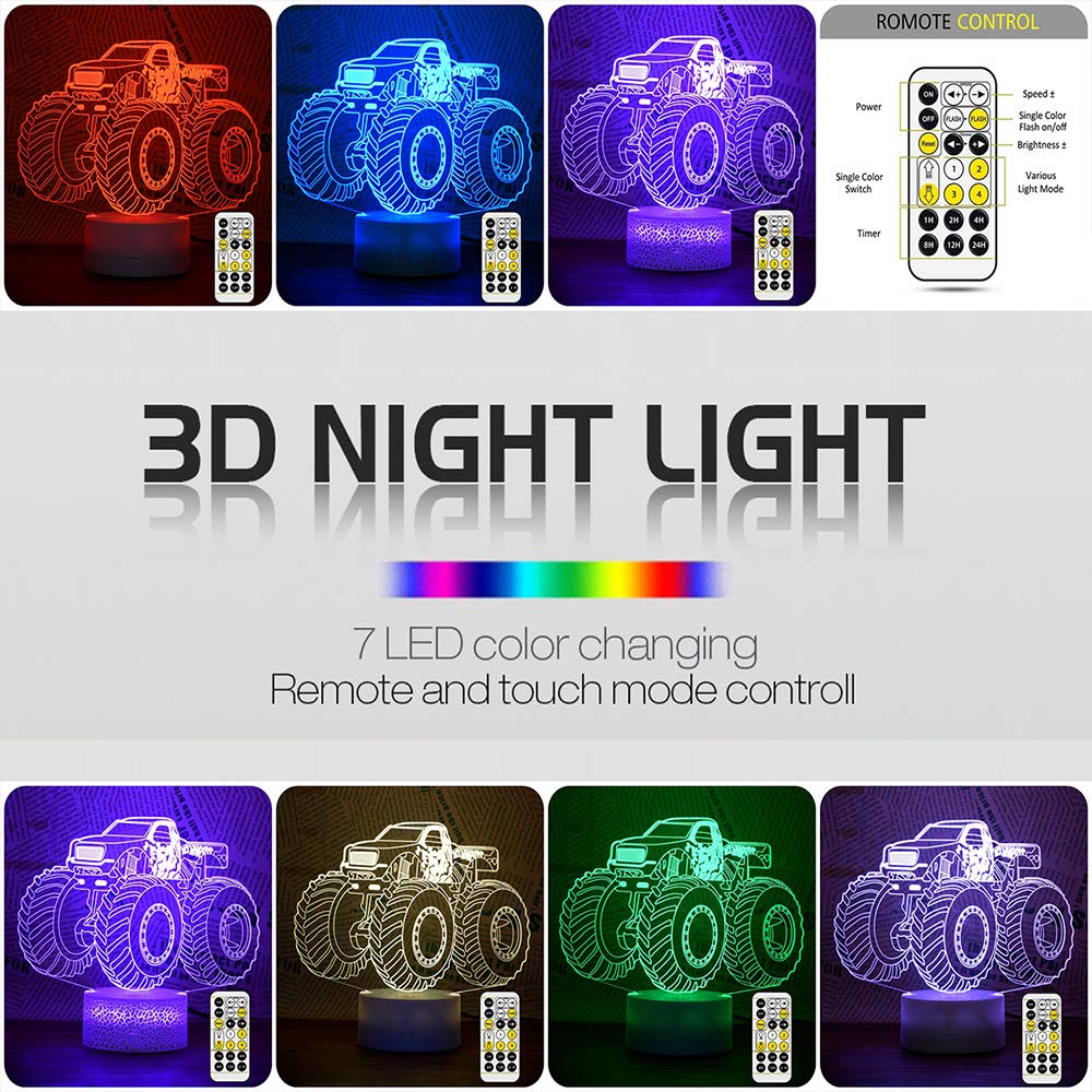 Night Lights for Kids Monster Truck 3D Night Light Bedside Lamp 7 Colors Changing with Remote Control and Timing Function Best Birthday Gifts for Boys Girls Kids Baby