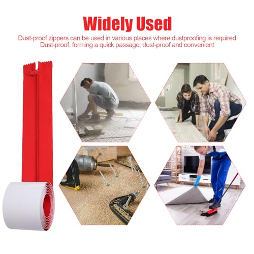 4pcs Dust Barrier Zipper, 7ft x 3in Self-Adhesive Tarp Double Zipper Instant Door Dust Protection with Plastic Sheeting Cutter Construction Plastic Zip Wall Accessories (Red)