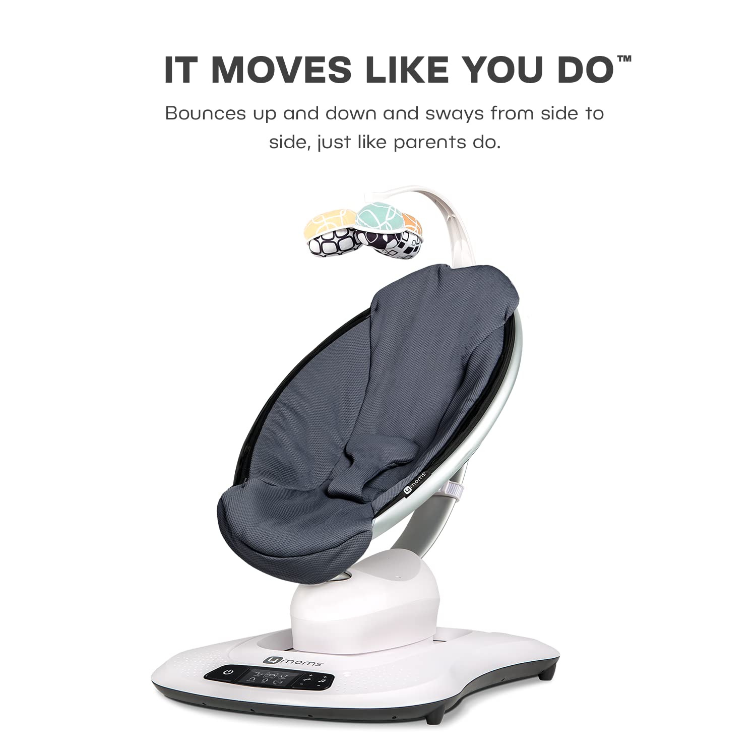 4moms mamaRoo 4 Multi-Motion Baby Swing + Safety Strap Fastener, Bluetooth Baby Swing with 5 Unique Motions, Cool Mesh Fabric, Dark Grey