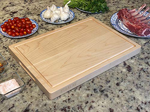 Wood Cutting Board Hard Maple 17x12x1.25 Inches Reversible with Handles and Juice Groove, Extra Thick Butcher Block Chopping Board Handmade By Ferrum.