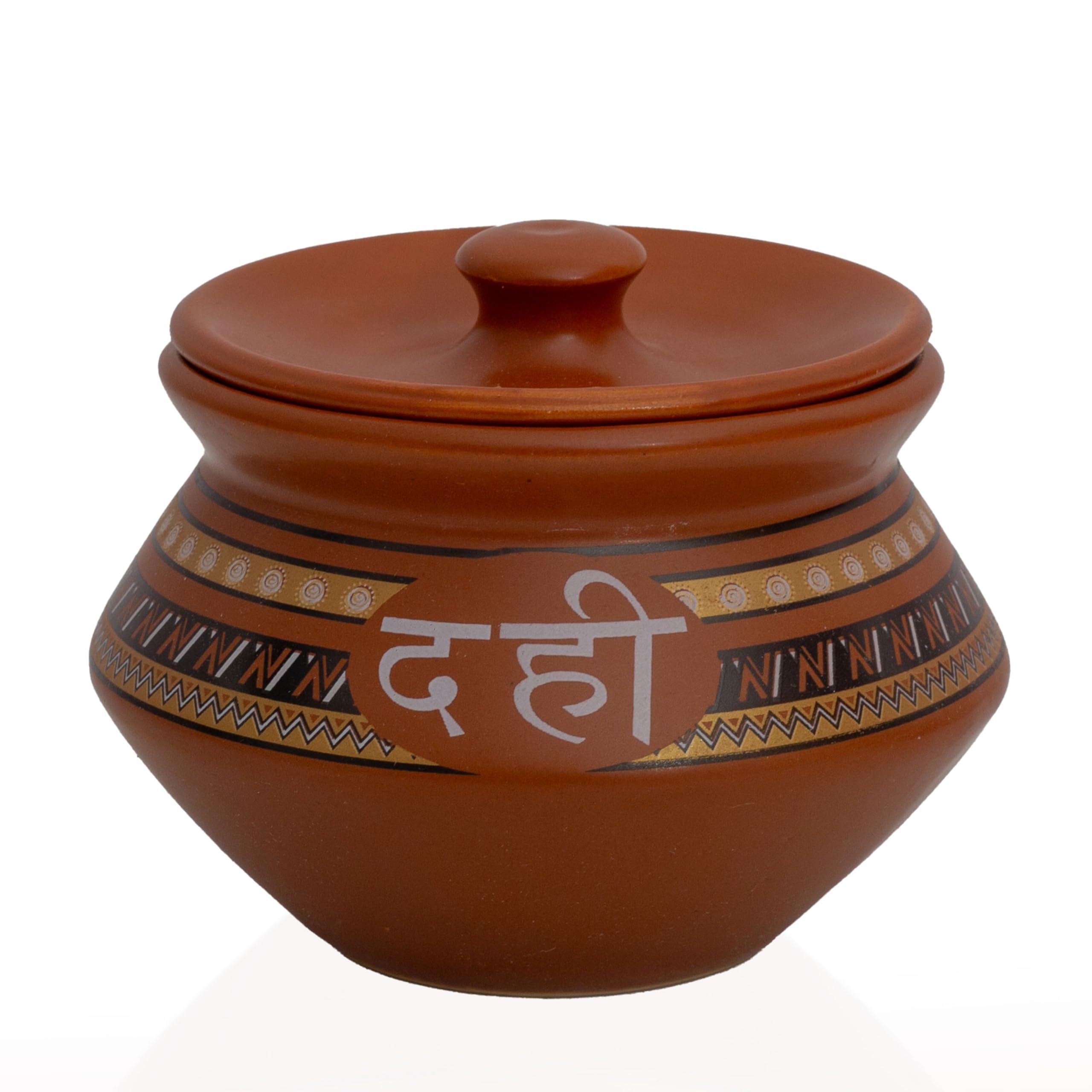 5 Inch Handmade Traditional Dahi Handi Yoghurt Curd Serving Bowl Pot Storage Container With Lid, Earthenware Clay Terracotta Artisanal Pottery, Brown Food Safe Natural Reusable Rustic Eco Friendly