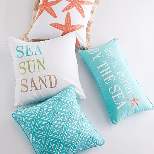 Levtex Home - Bakio - Decorative Pillow (18X18in.) - Embroidered Starfish in Coral and White - Coral and White with Taupe Fringe