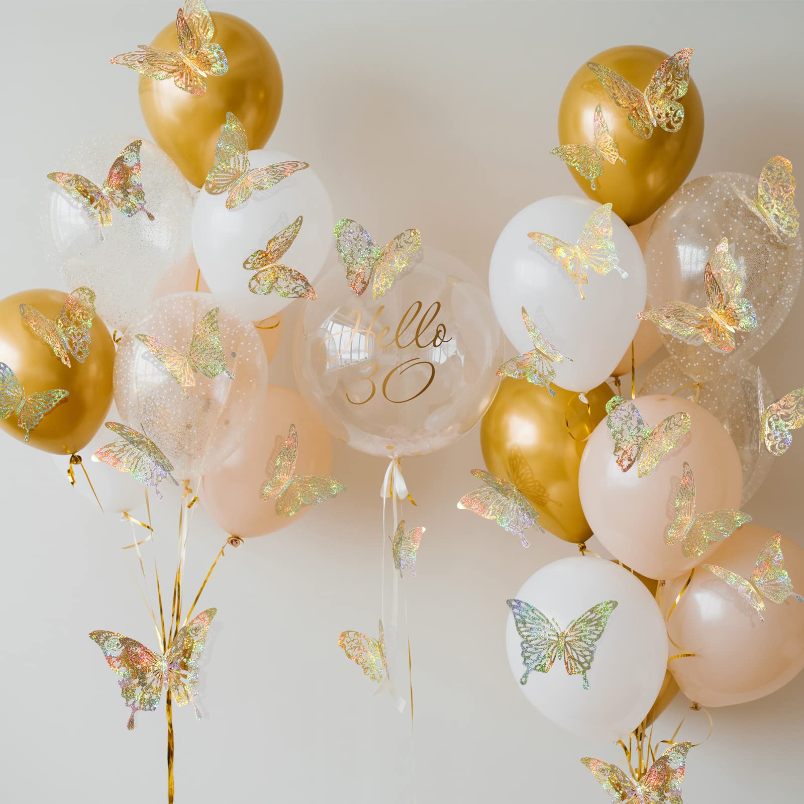 60 Pcs 3D Iridescent Gold Butterfly Decorations,Sequined Gold Room Decor with Set 5 Style Decorative Paper Butterfly for Party Birthday Baby Shower Decorations Wedding Decor DIY Gift( (Sequined Gold)