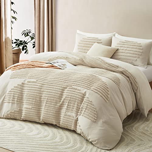 BEDAZZLED Duvet Cover King Size, 3 Pieces Boho Bedding Sets for Shabby Chic Home, Tufted and Soft Comforter Cover Set, Beige