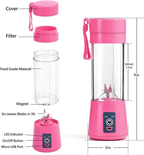 Portable Personal Blender, Household Juicer fruit shake Mixer -Six Blades, BPA Free 380ml Baby cooking machine with USB Charger