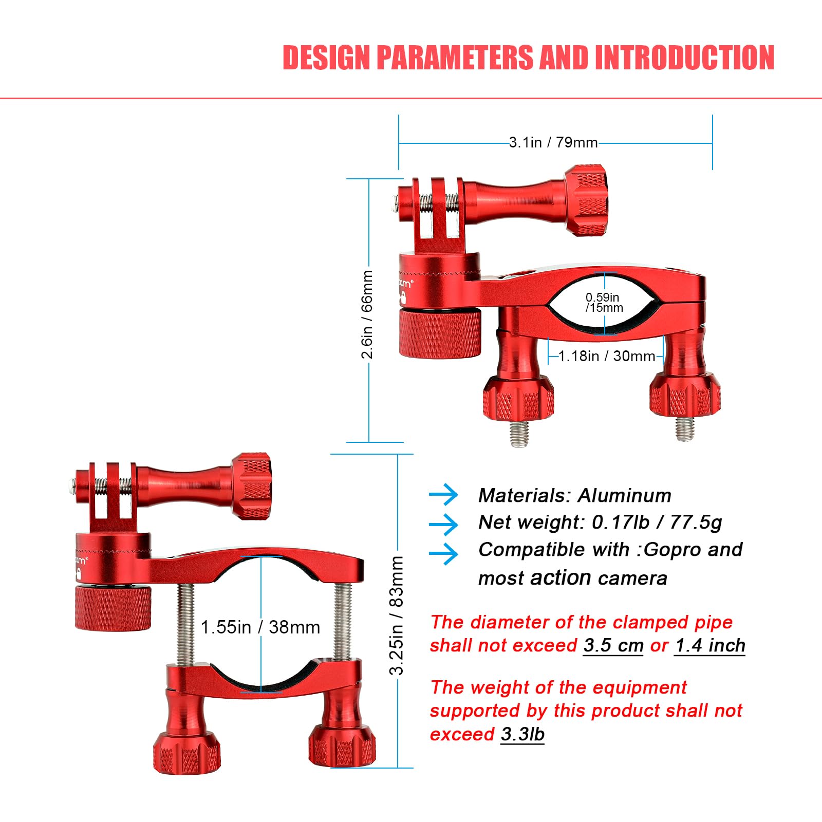 Forevercam Bike Handlebar Mount for Gopro Hero 13/12/11/10/9/8/Insta360/AKASO/DJI Osmo Aluminum Bike/Motorcycle Mount 360°Rotation and Lock Any Direction(Red)