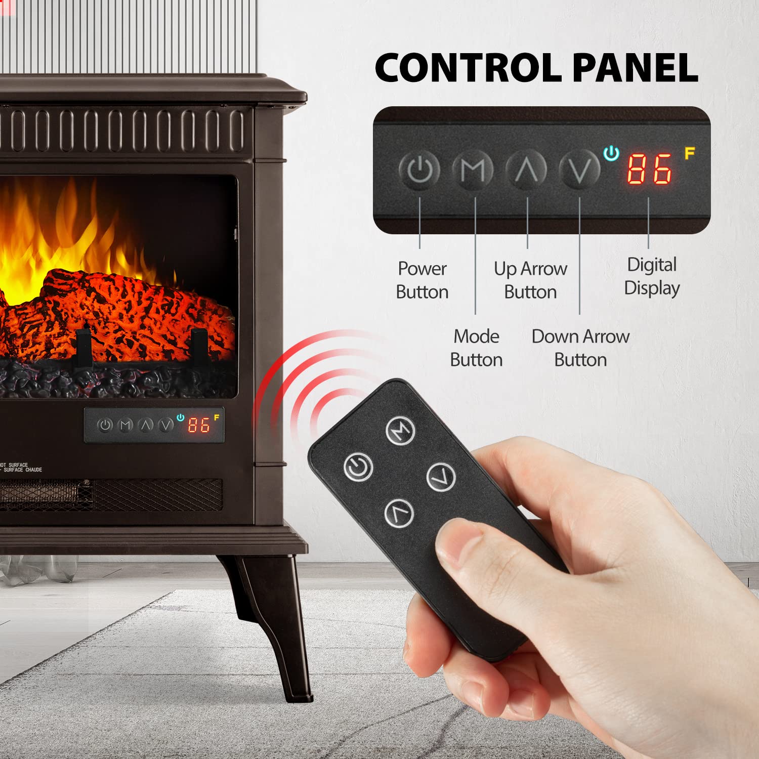 25 inch Electric Fireplace Heater Portable for Indoor, Living Room, Large Room, Logs with Lights, Fireplace Heater 3D Flame Effects Adjustable Brightness Remote Control 1400W Brwon