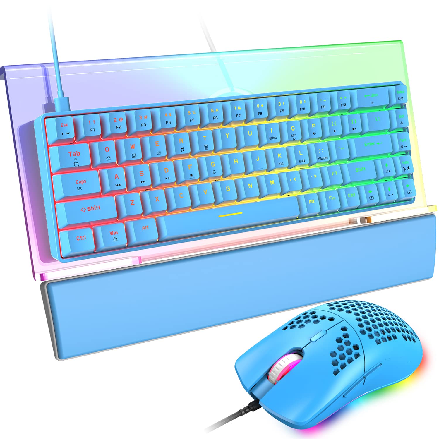 60 Percent Mechanical Gaming Keyboard Blue Switch Wired RGB 18 Backlit,Lightweight Gaming Mouse 6400 DPI,Mousepad,Wirst Rest,RGB Stand for Gamers,Typists-Blue