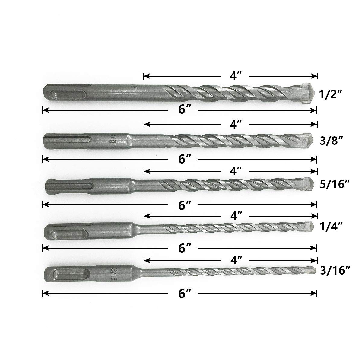 SPKLINE 5 Pcs SDS-Plus Rotary Hammer Drill Bit Set 3/16",1/4",5/16",3/8",1/2" Diameter,Tungsten Carbide Tip SDS+ Impact Drill Bits for Concrete Brick Block Mortar Stone and Other Masonry