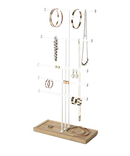 Umbra Trigem Tiered Tabletop Jewelry Organizer Freestanding Hanging Necklace, Earring and Bracelet Display, 5, White Natural